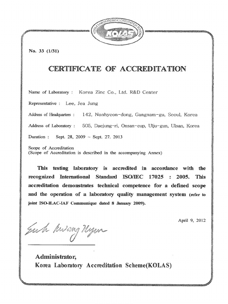 KT033 - Certi of Accredit | PDF