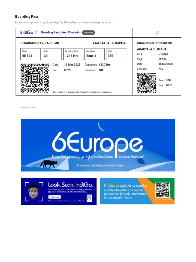 Printed Boarding Pass | PDF | Aviation | Transport