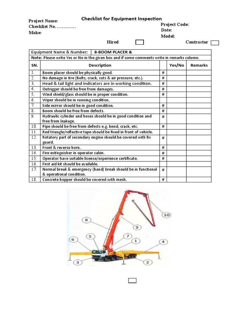 Checklist For Equipment Inspection BOOM PLACER | PDF