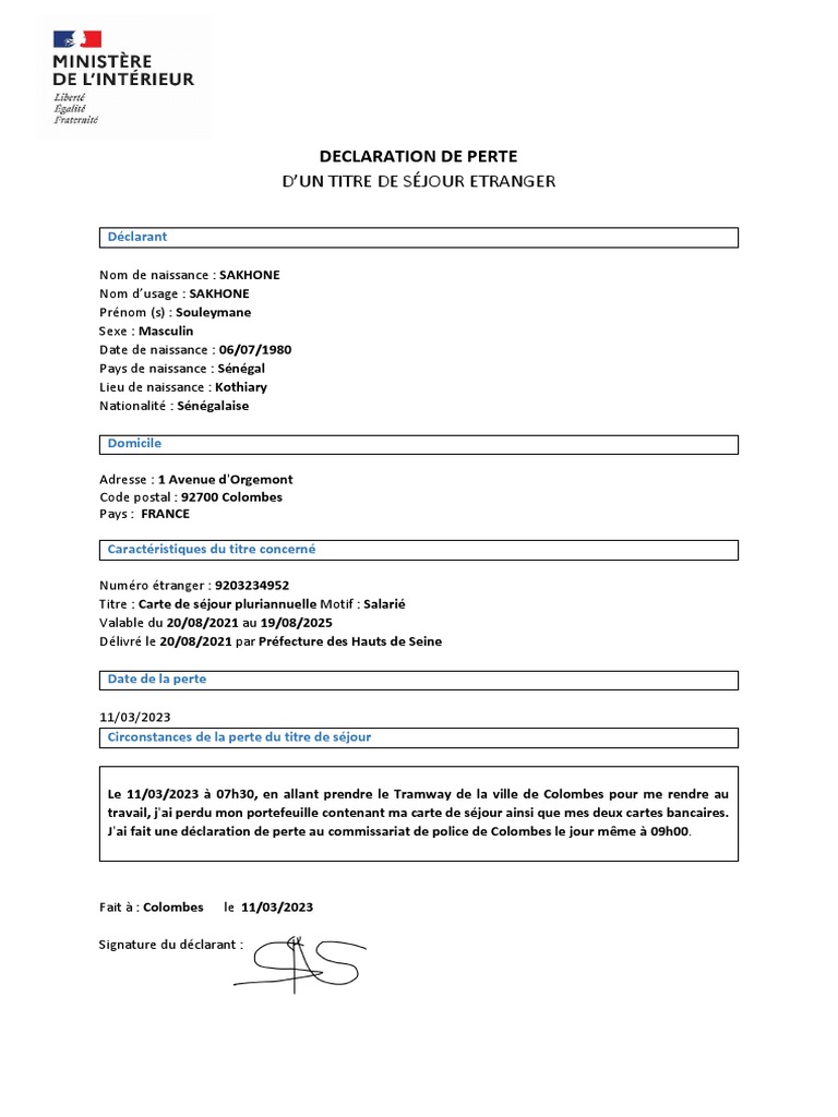 Template Declaration Perte | PDF