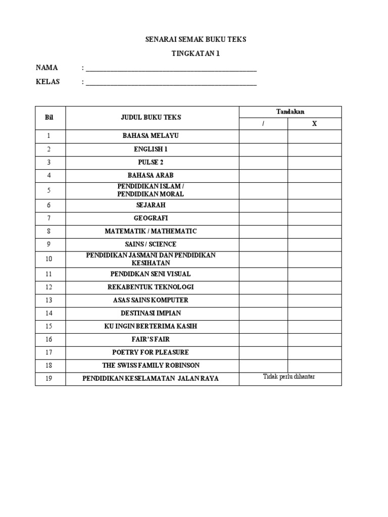 Senarai Semak Buku Teks Pelajar | PDF