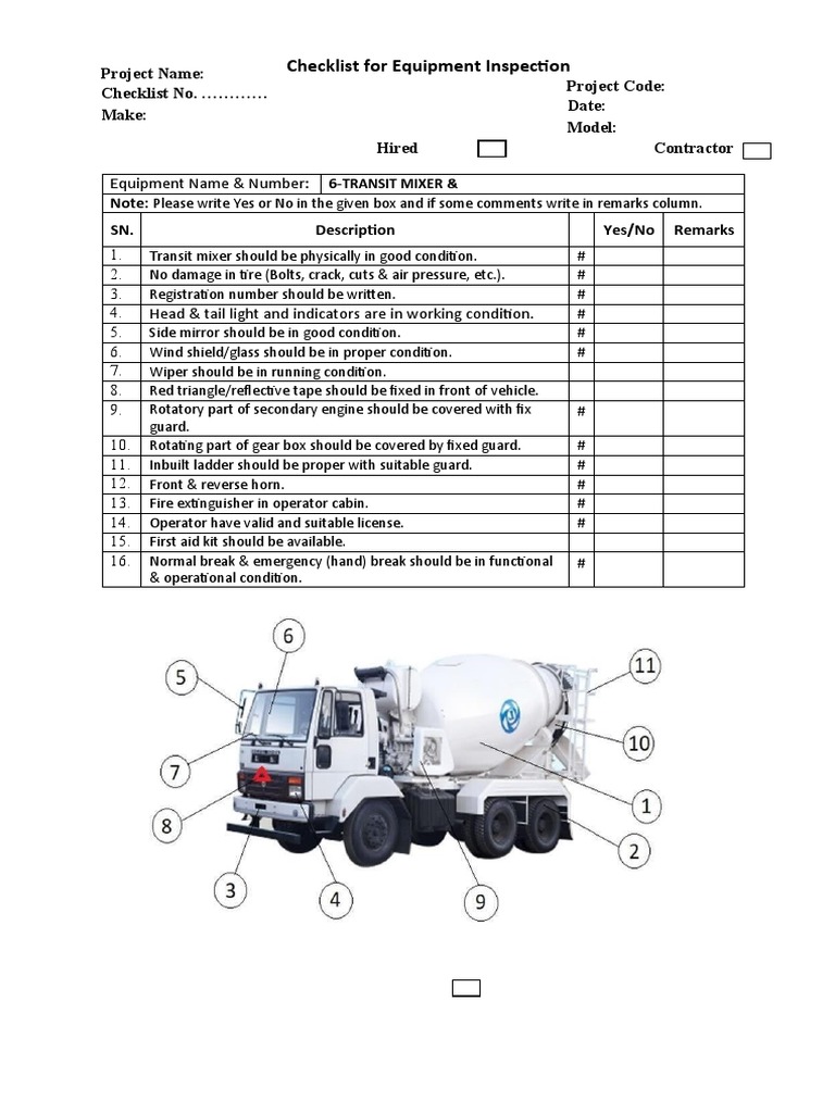 Transit Mixer Inspection Checklist | PDF