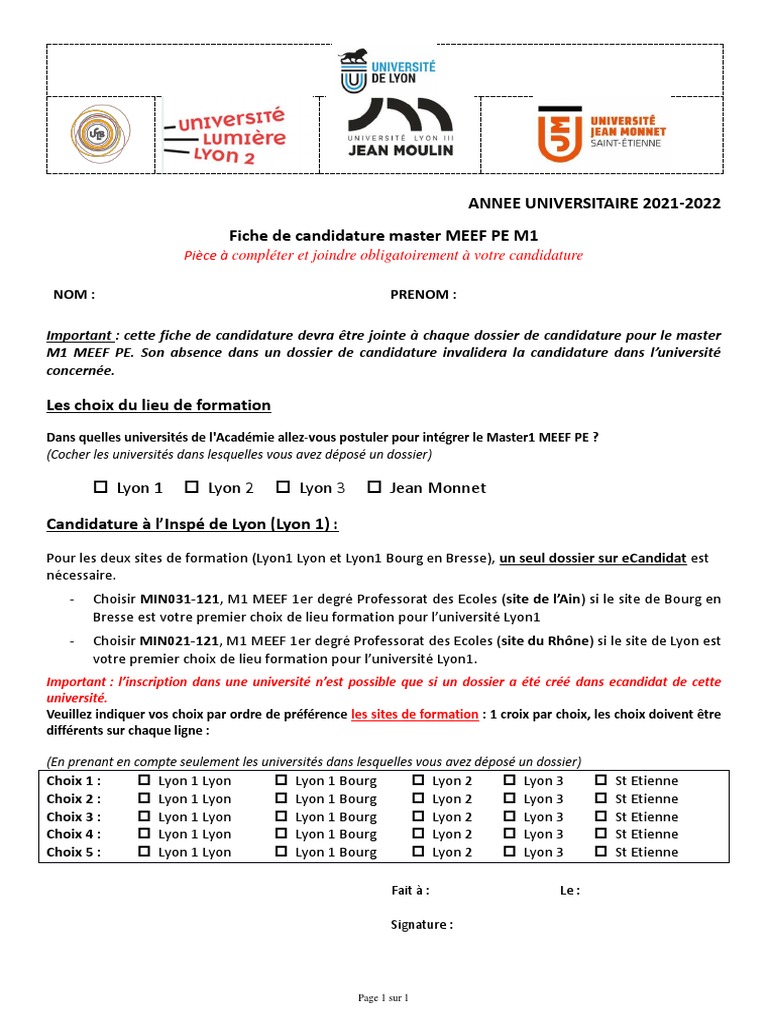 Fiche de candidature Master MEEF PE M1 | PDF