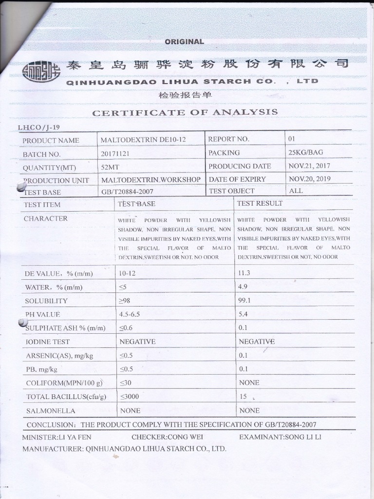 Coa Maltodextrin Lihua | PDF