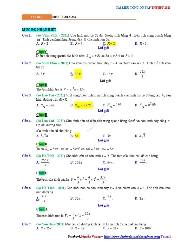 (NBV) -Chủ đề 6. Khối tròn xoay-Mức độ nhận biết-đáp án | PDF