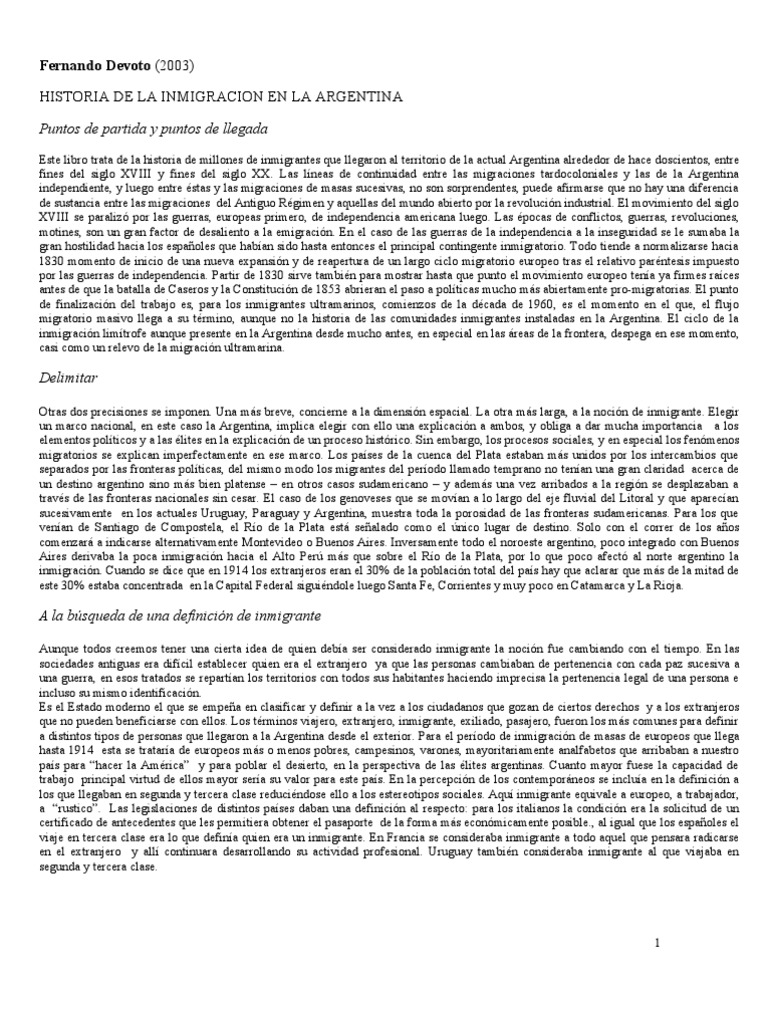 Resumen - Fernando Devoto (2003) | PDF | Migración humana | Inmigración