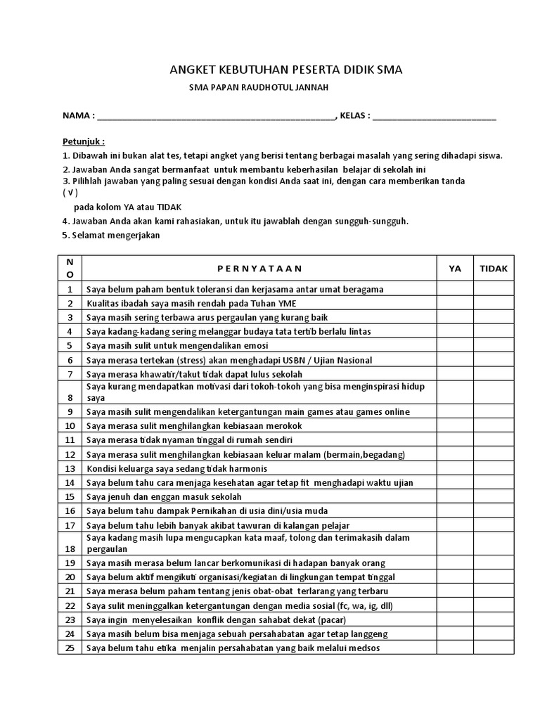 ANGKET KEBUTUHAN PESERTA DIDIK SMA (1) (AutoRecovered) | PDF | Karier & Perkembangan ...
