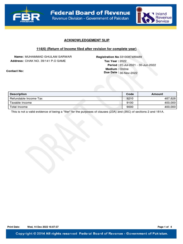 Acknowledgement Slip: Name: Address: CHAK NO. 39/141 P.O SAME ...