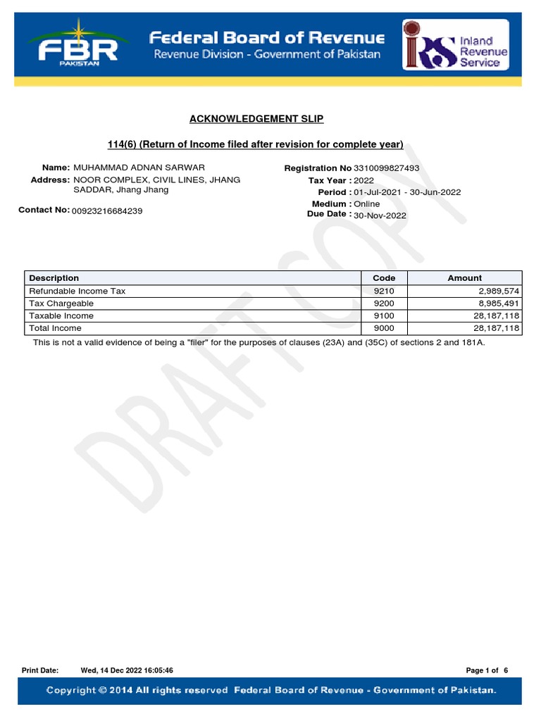 Acknowledgement Slip: Name: Address: Noor Complex, Civil Lines, Jhang ...