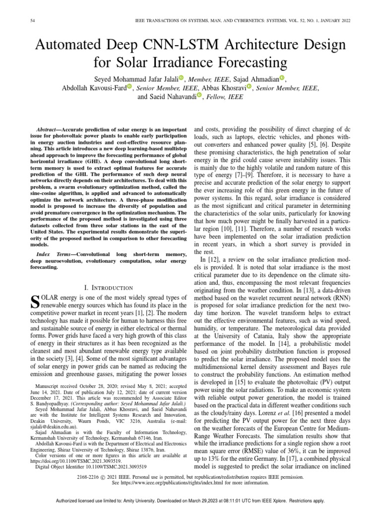Automated Deep Cnn Lstm Architecture Design For Solar Irradiance Forecasting Pdf