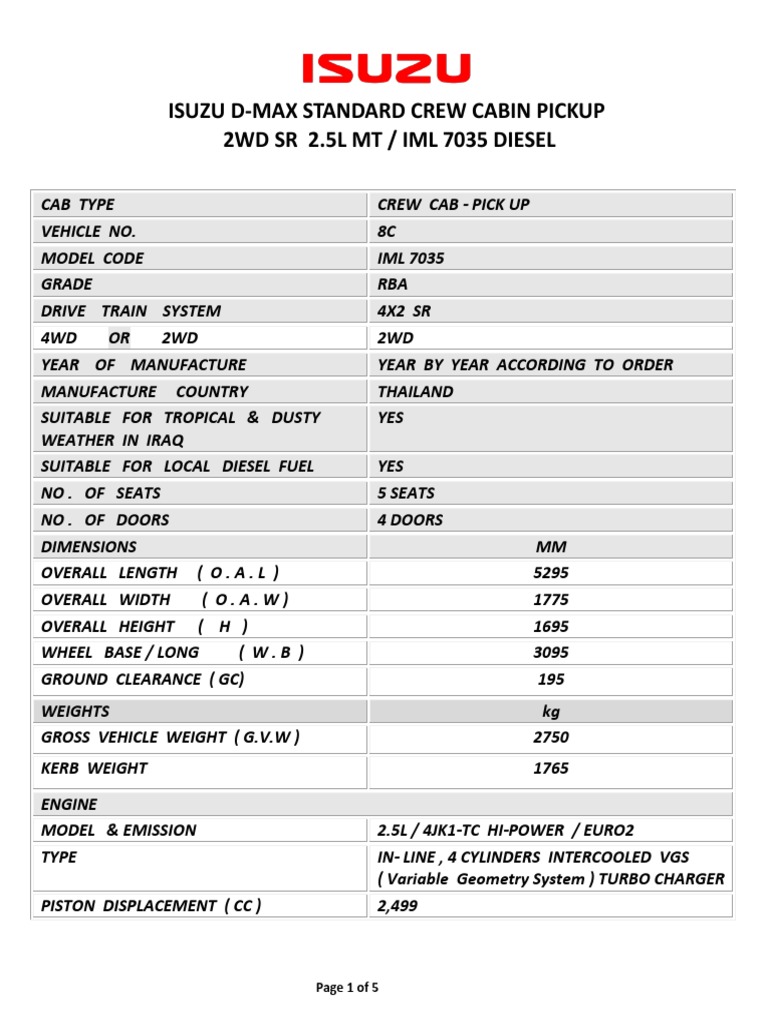 Isuzu D-Max Standard Crew Cabin Pickup 2Wd SR 2.5L MT / Iml 7035 Diesel ...