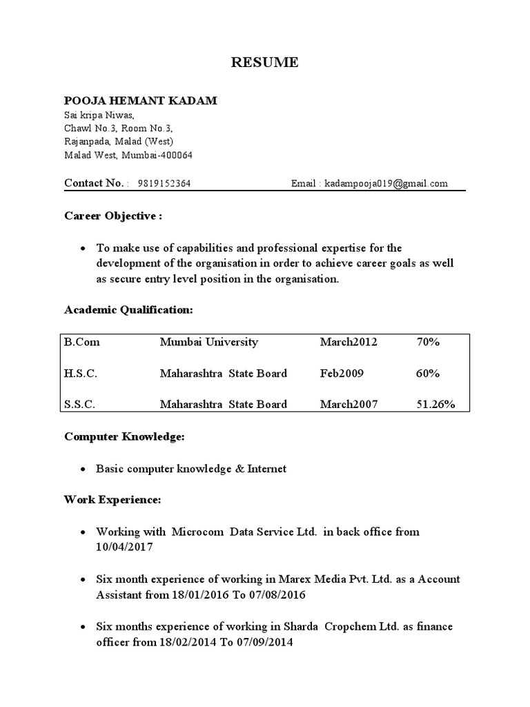 Pooja Kadam Resume: B.Com, Back Office Experience | PDF