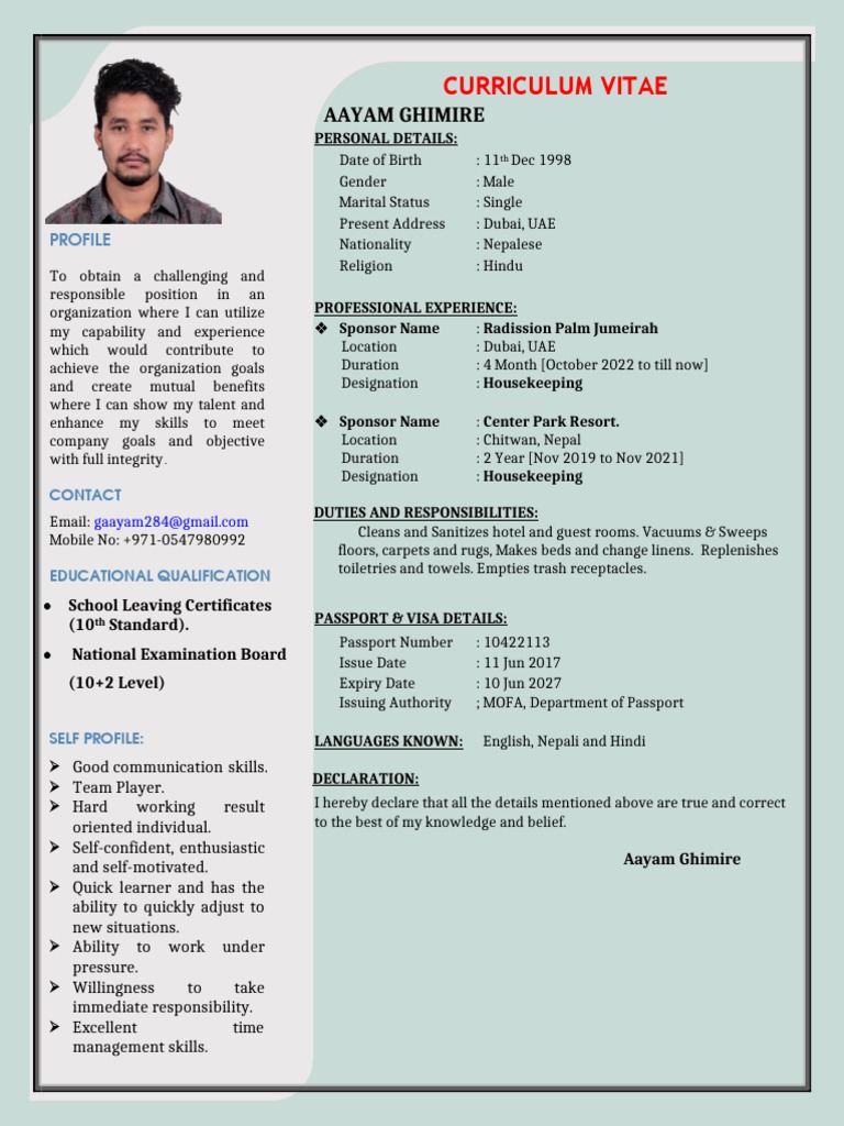 Housekeeping CV of Aayam Ghimire | PDF
