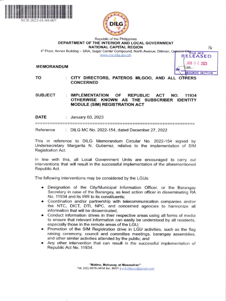 Memorandum Implementation of RA No. 11934 Otherwise Known As The SIM ...