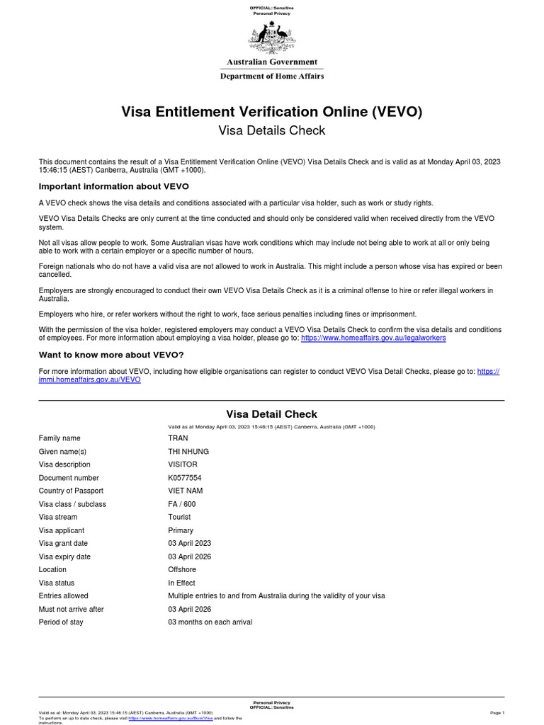 Visa Entitlement Verification Online (VEVO) | PDF | Travel Visa ...