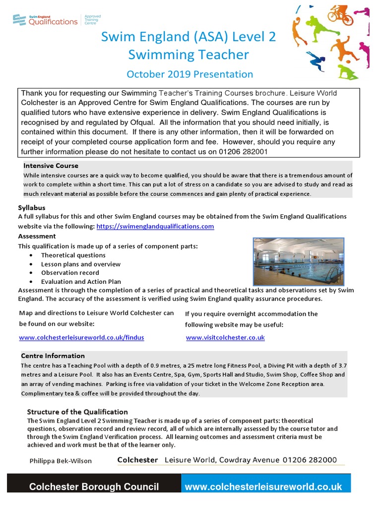 ASA Level 2 Swimming Teaching Oct 2019 Brochure | PDF | Teachers | Swimming
