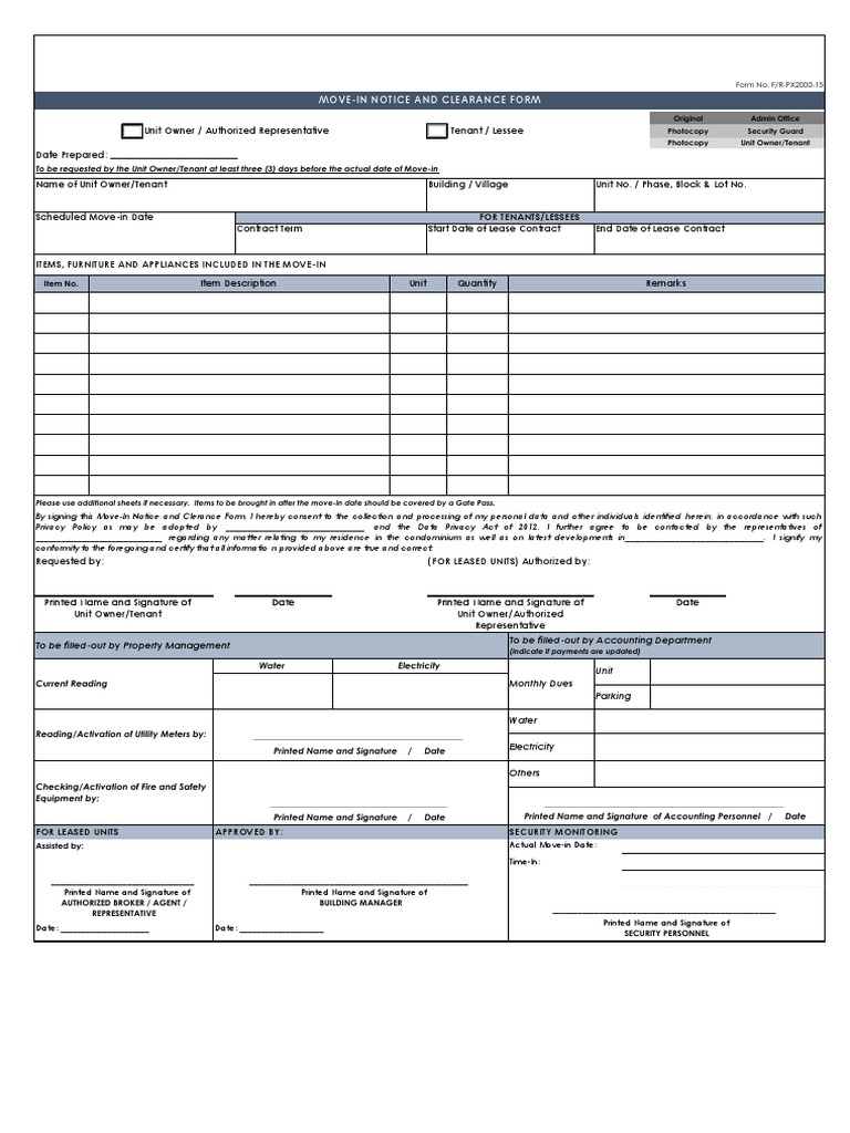Move-In Notice and Clearance Form - Fillable v2 | PDF | Lease | Common Law