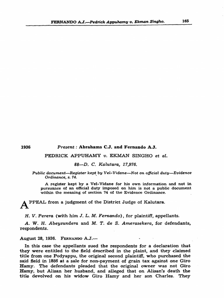 034 NLR NLR V 38 Pedrick Appuhamy v. Ekman Singho Et Al | PDF | Burden ...