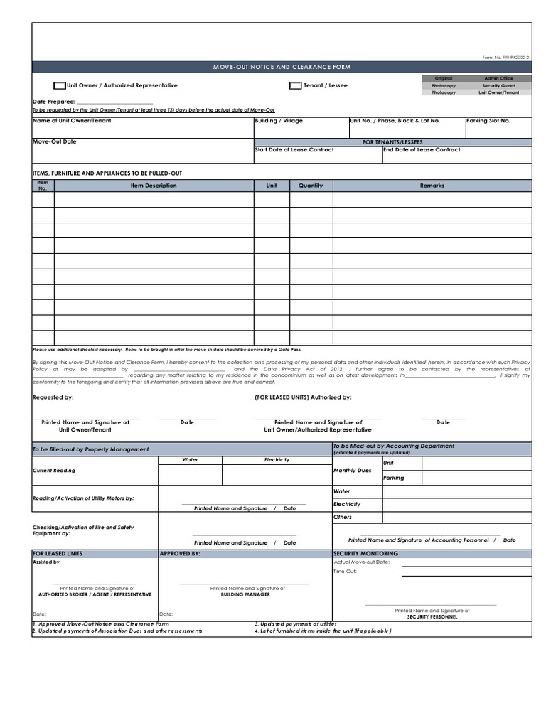 Move-Out Notice and Clearance Form - fillable v2 | PDF | Lease | Business
