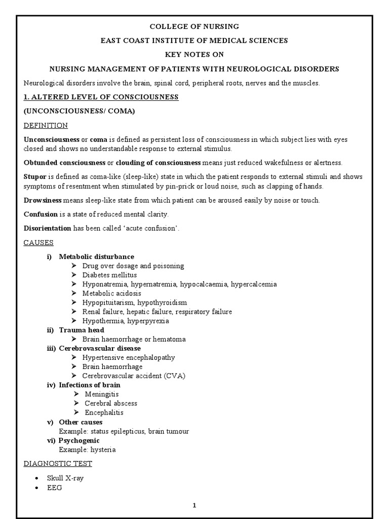 Neurological Disorders Key Notes | PDF | Traumatic Brain Injury | Headache