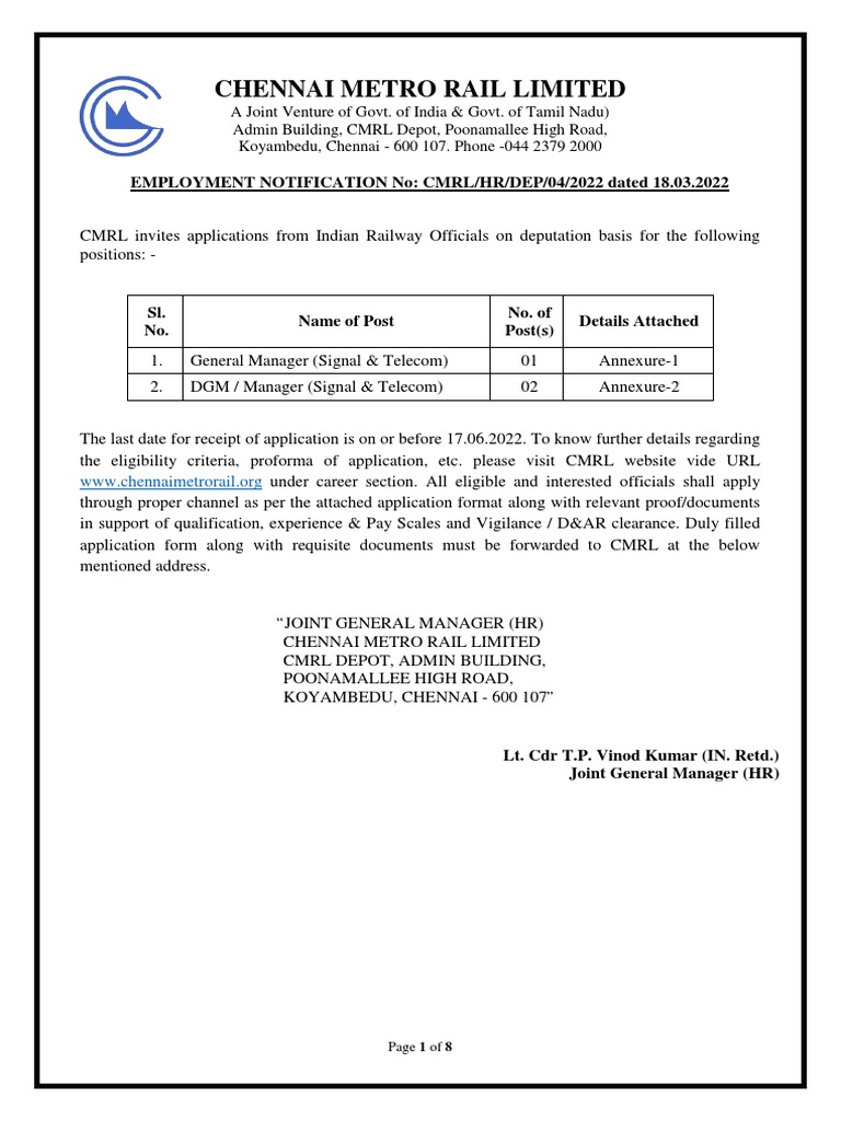 Employment Notification - CMRL-HR-DEP-04-2022 Dated 18-03-2022 | PDF | Electrical Engineering ...