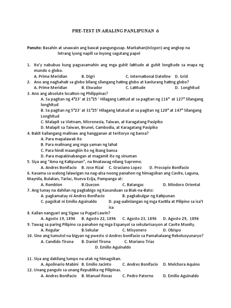 Pre Test - Araling Panlipunan 6 | PDF