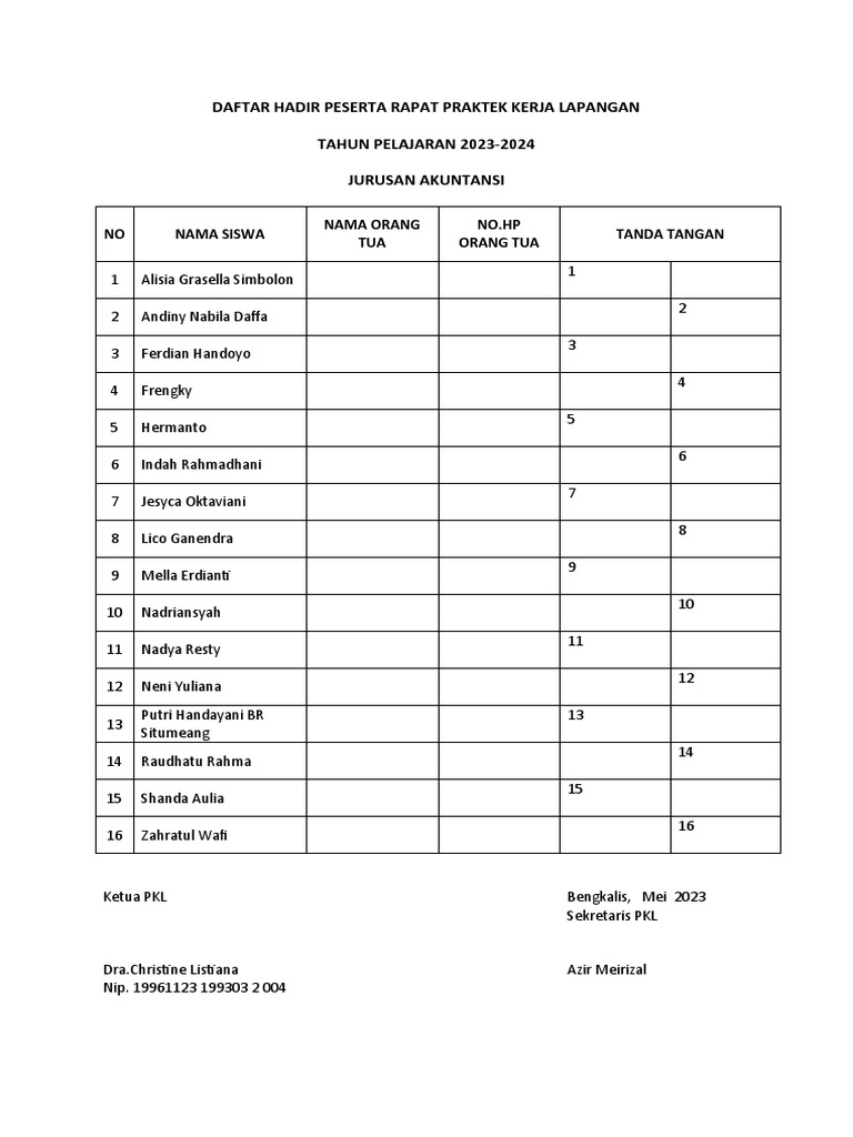 DAFTAR HADIR PESERTA Rapat PKL 2023-2024 | PDF