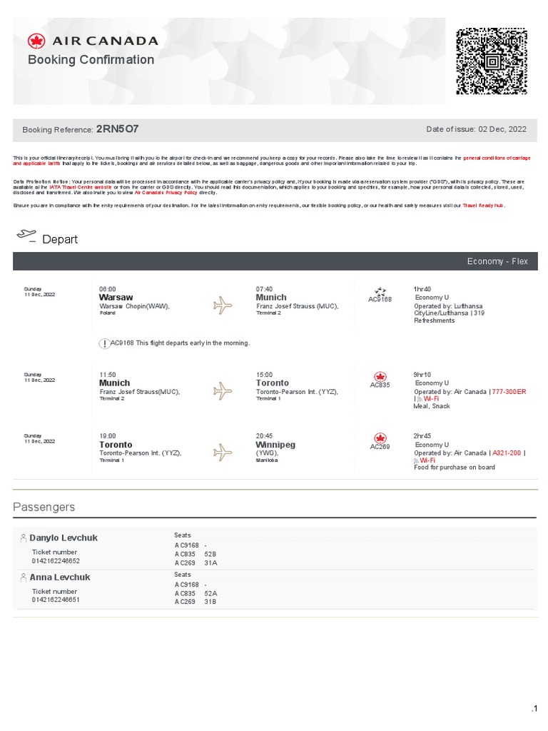 Air Canada Booking Confirmation 2RN5O7 | PDF | Baggage | Airlines