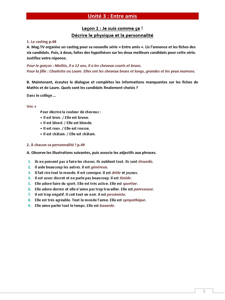 Décrire physique et personnalité des amis | PDF | Arts du langage et ...