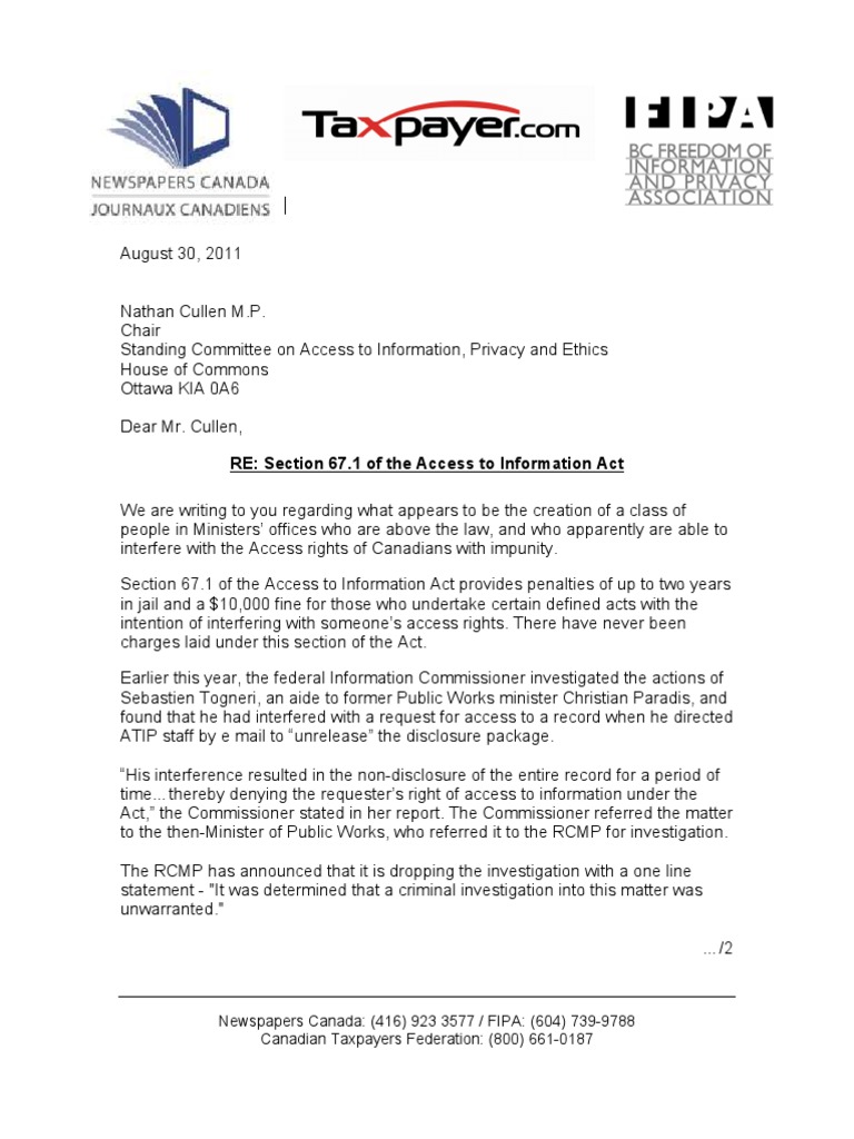 Letter to Ethics Committee Chair Nathan Cullen re: Sebastien Togneri ...