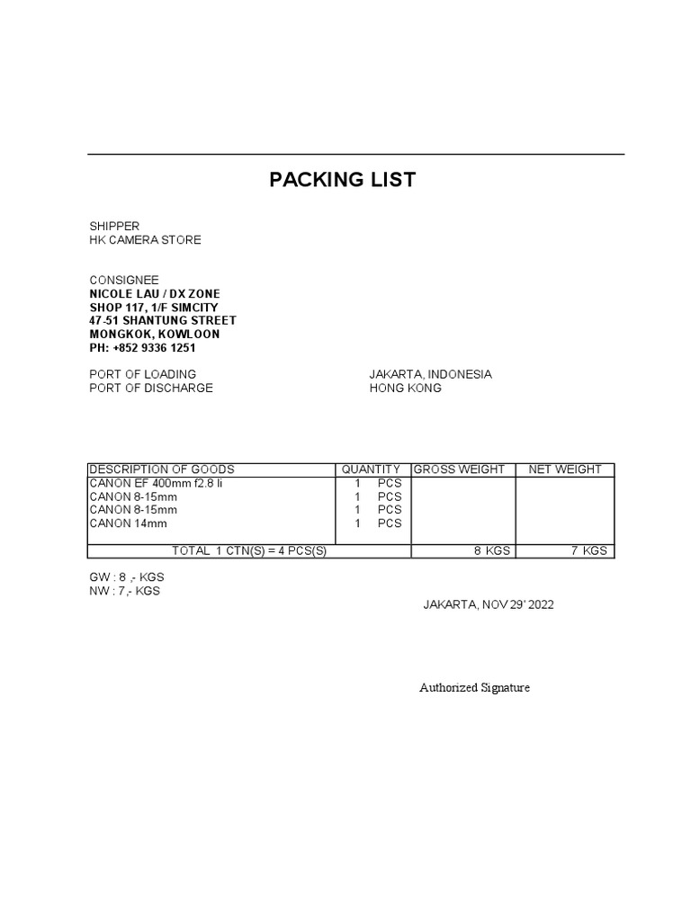 Packing List: Authorized Signature | PDF