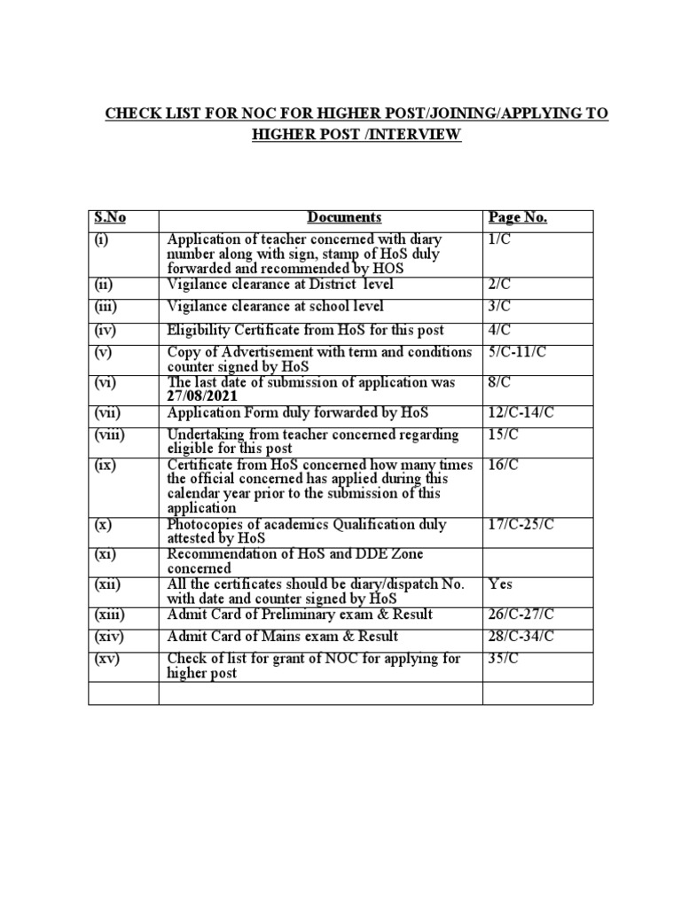Check List For Noc For Higher Post/Joining/Applying To Higher Post ...