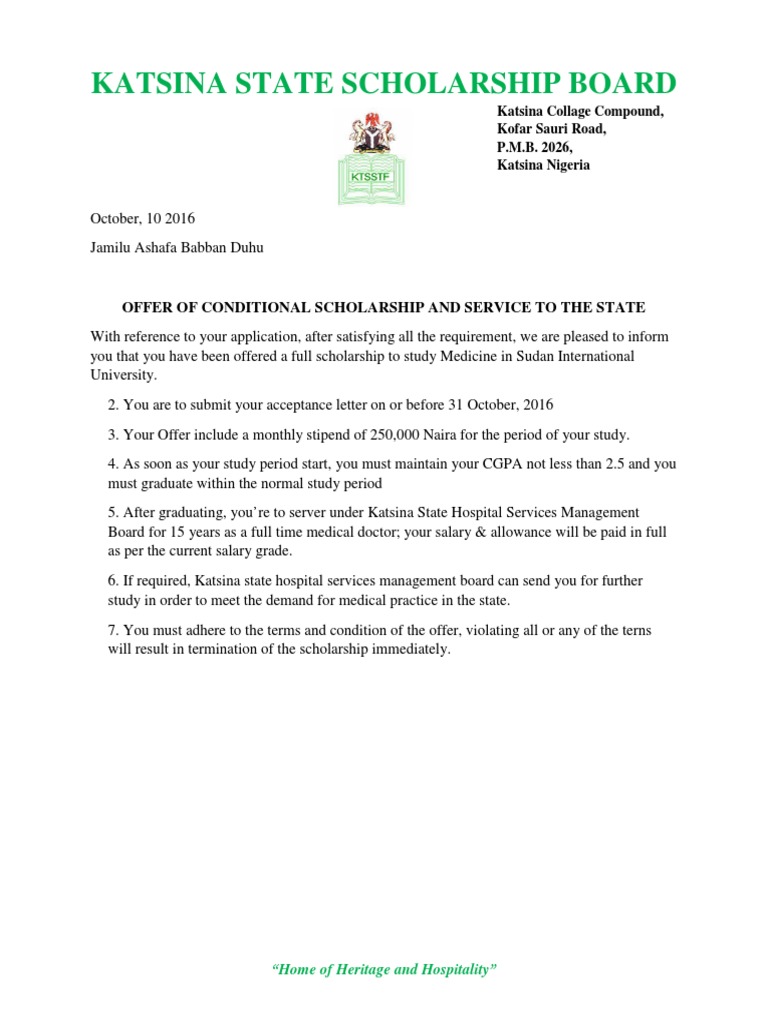 Conditional Scholarship Offer Letter | PDF