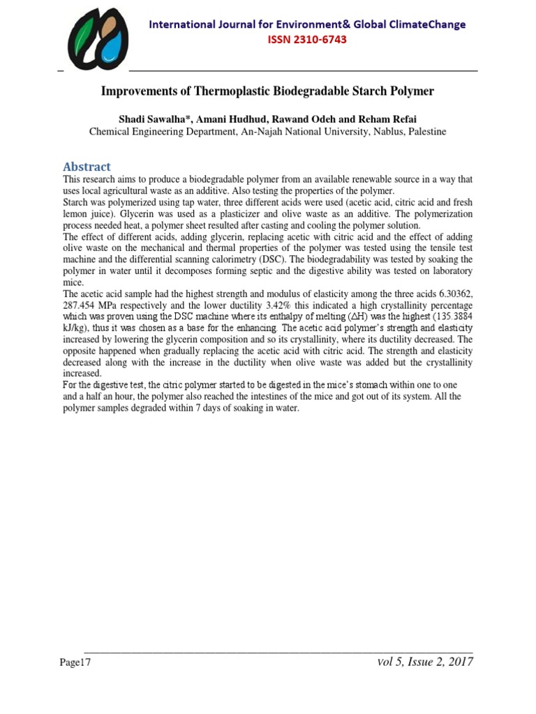 Improvements of Thermoplastic Biodegradable Starch Polymer ...