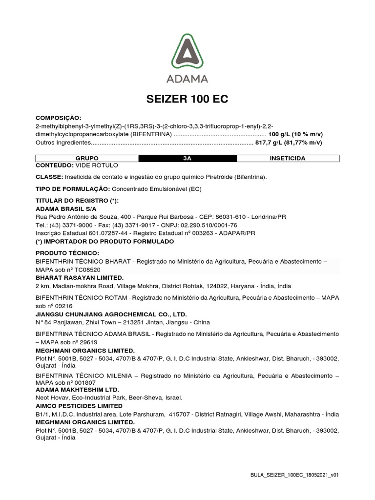Bula do Inseticida Seizer 100 EC | PDF | Inseticida | Agricultura