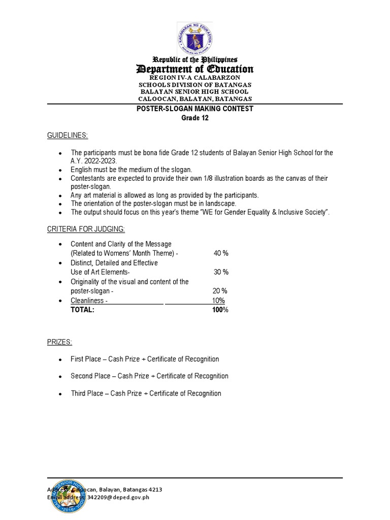 Department of Education: Poster-Slogan Making Contest Grade 12 | PDF ...