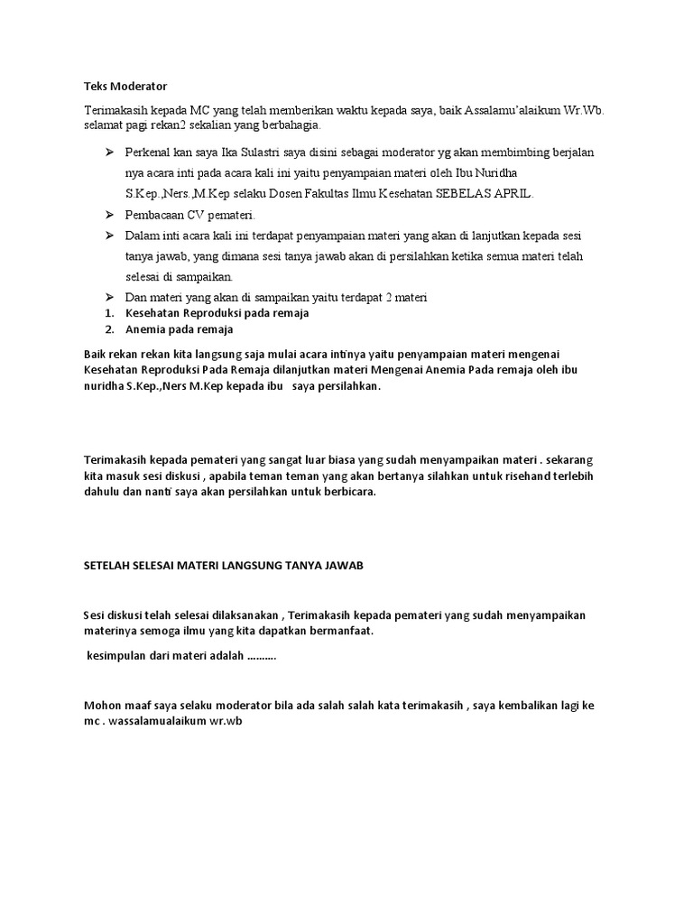 Teks Moderator Penyuluhan Kespro | PDF