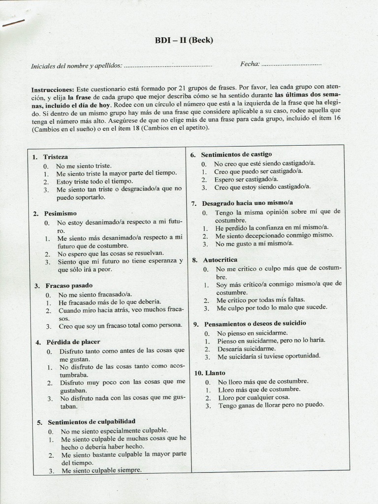 BDI - II (Beck). Cuestionario | PDF