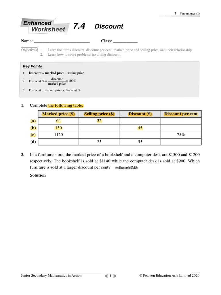 Discount: 1. Marked Price ($) Selling Price ($) Discount ($) Discount ...