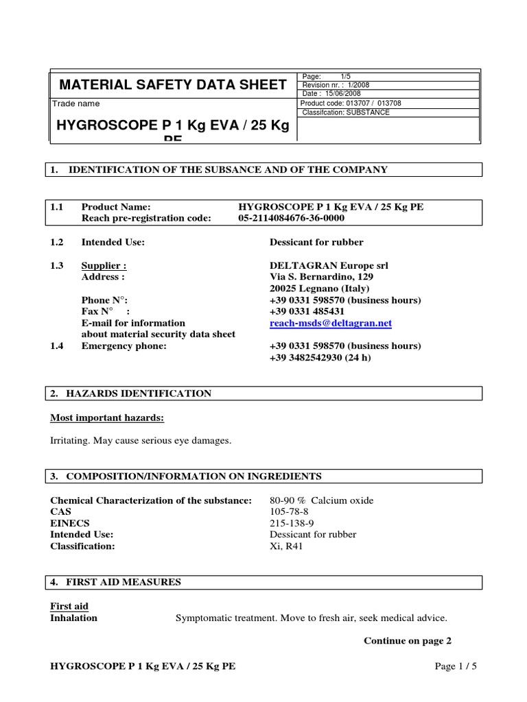 Hygroscope P - Msds-Eng | PDF | Water | Personal Protective Equipment