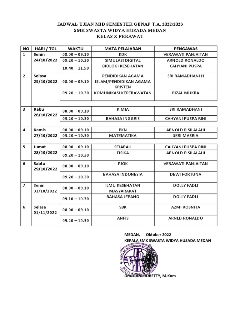 Jadwal Ujian Mid Semester SMK 2022/2023 | PDF