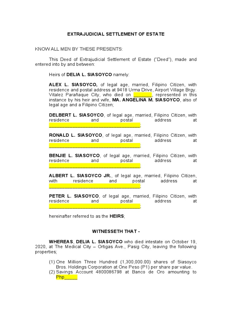 Heirs' Estate Settlement Agreement | PDF | Private Law | Justice