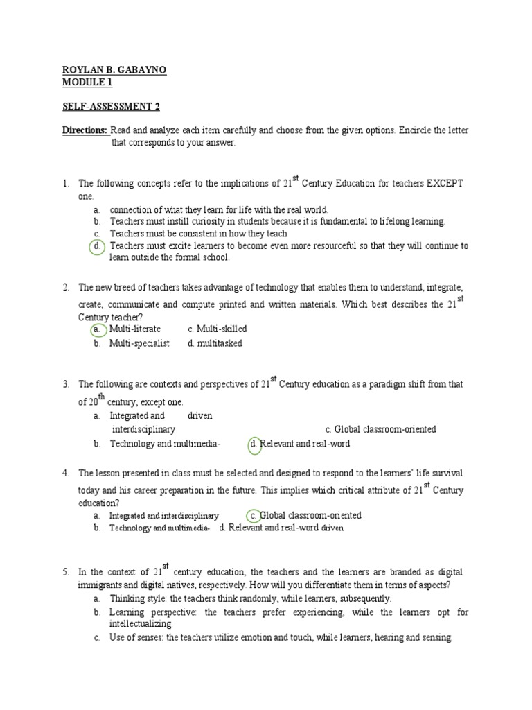 Roylan B. Gabayno Self-Assessment 2 Directions: Read and Analyze Each Item Carefully and Choose ...