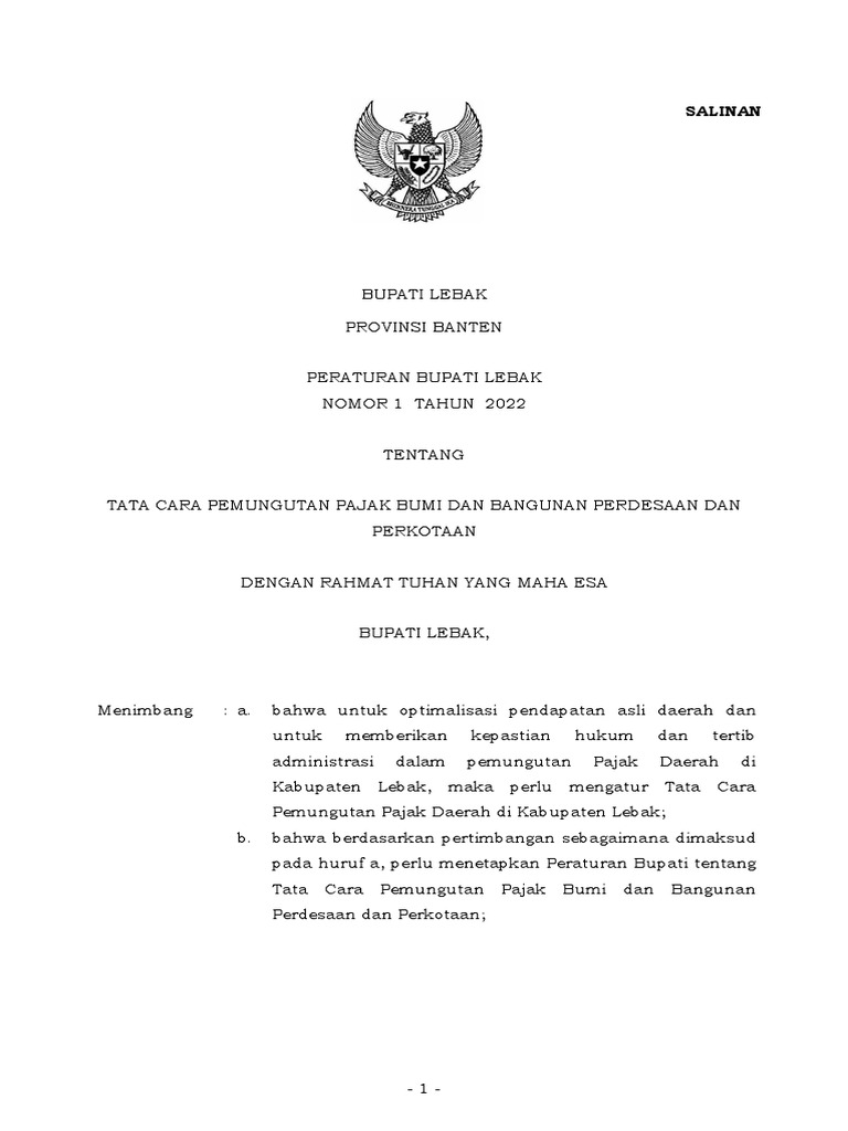 SALINAN PERBUP TATA CARA PEMUNGUTAN PAJAK BUMI DAN BANGUNAN PERDESAAN ...