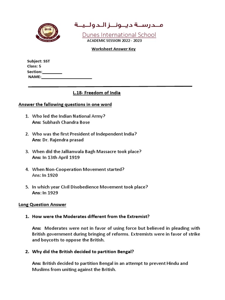 Dunes International School: Worksheet Answer Key Subject: SST Class: 5 ...