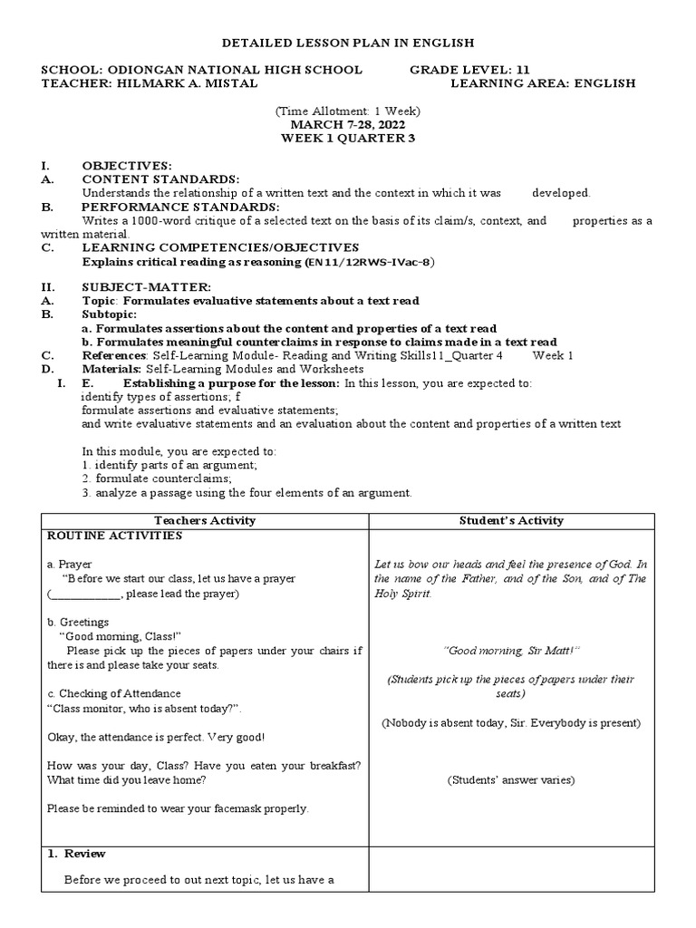 En11/12Rws-Ivac-8: Routine Activities | PDF | Argument | Reason