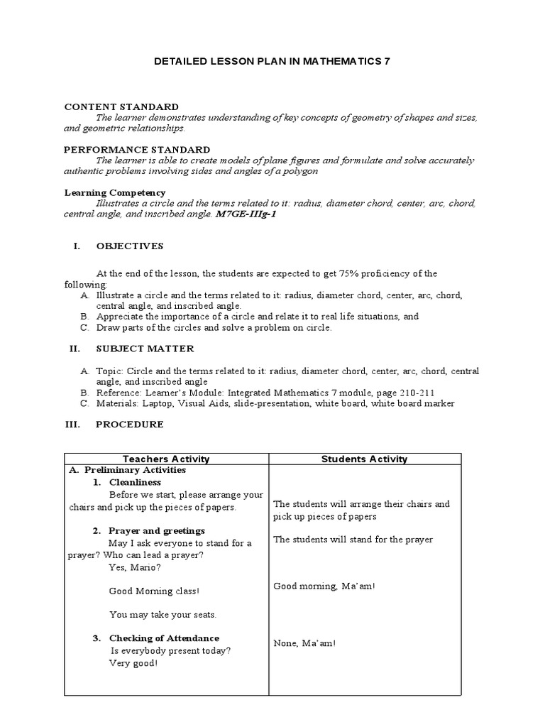Math 7 DLP | PDF | Circle | Diameter