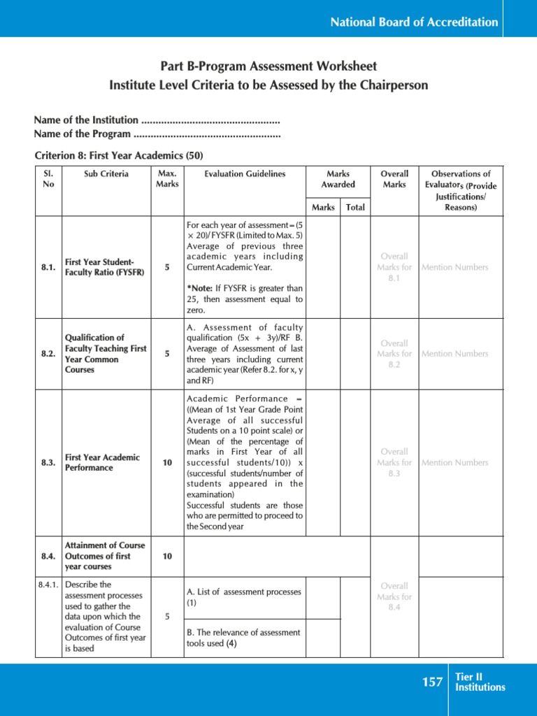 Part B-Program Assessment Worksheet Institute Level Criteria To Be ...