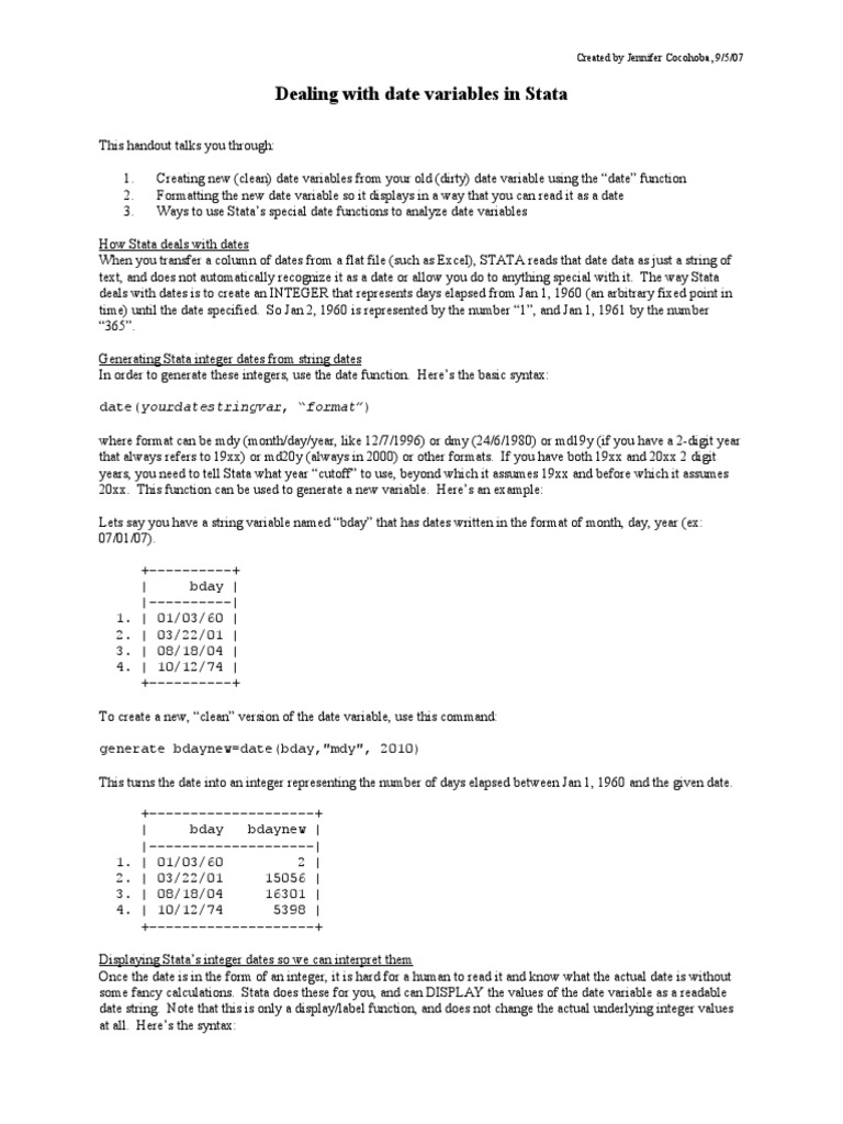 Dealing With Date Variables In Stata Created By Jennifer Cocohoba 9 5 07 Pdf String