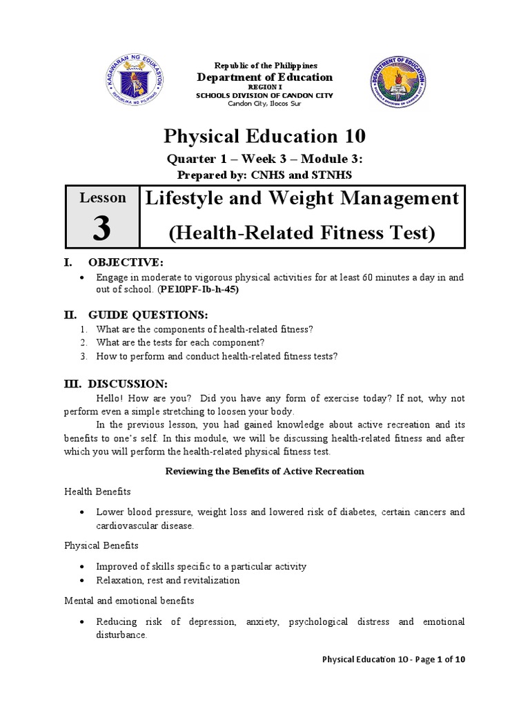 Physical Education 10 - Q1 - W3 - Module 3 - Lifestyle and Weight ManagementHealth Related ...